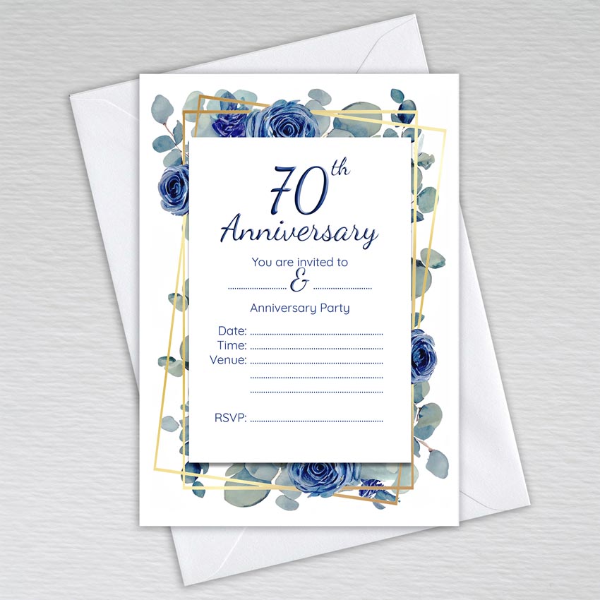 70th Anniversary Invitations: Navy Blue Rose and Eucalyptus - Premium ...