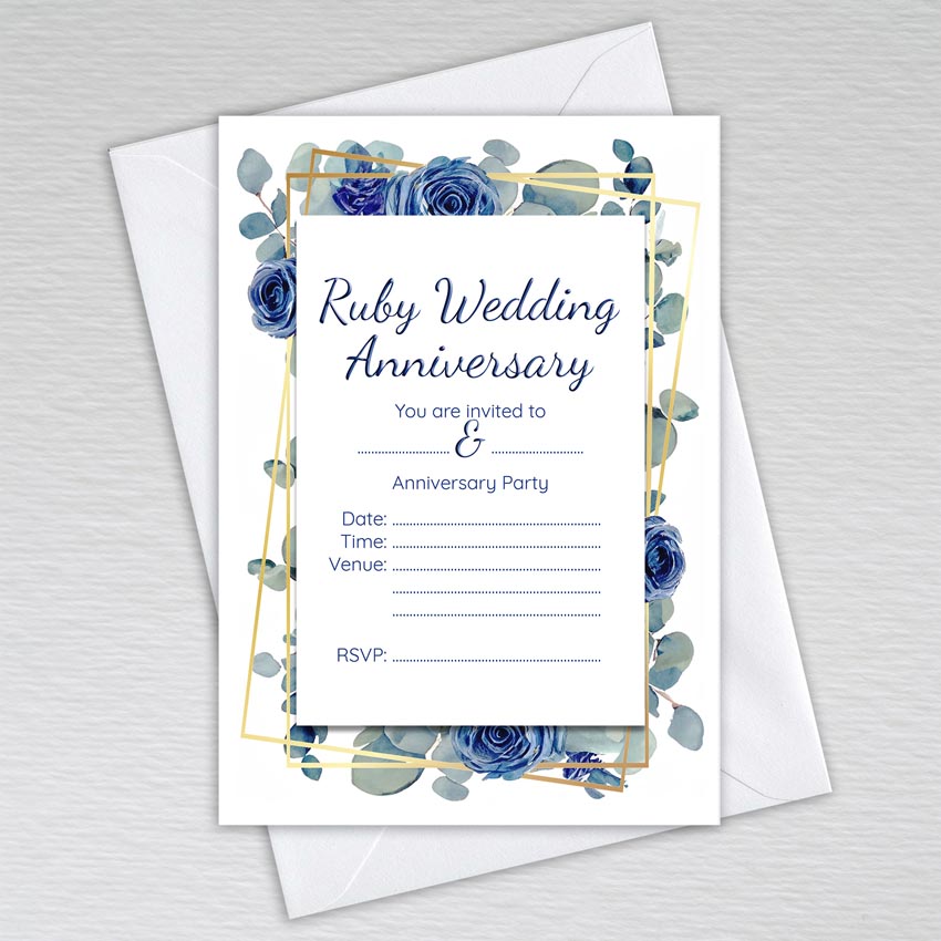 Ruby Anniversary Invitations: Navy Blue Rose and Eucalyptus - Premium ...