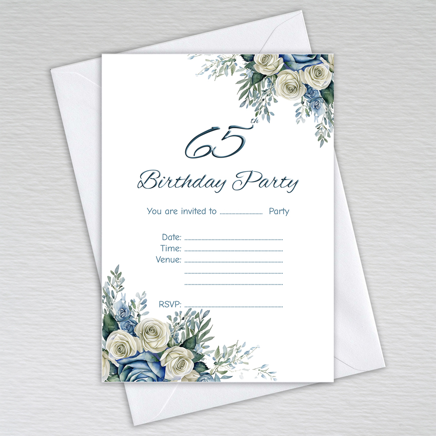 65th Birthday Party Invitations: Dusty Blue Rose - Premium Prints by ...