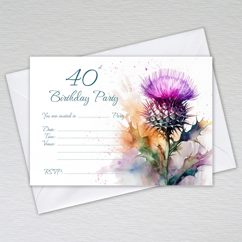 Pack of 40th Birthday Party Invitations: Scottish Thistle - Premium ...